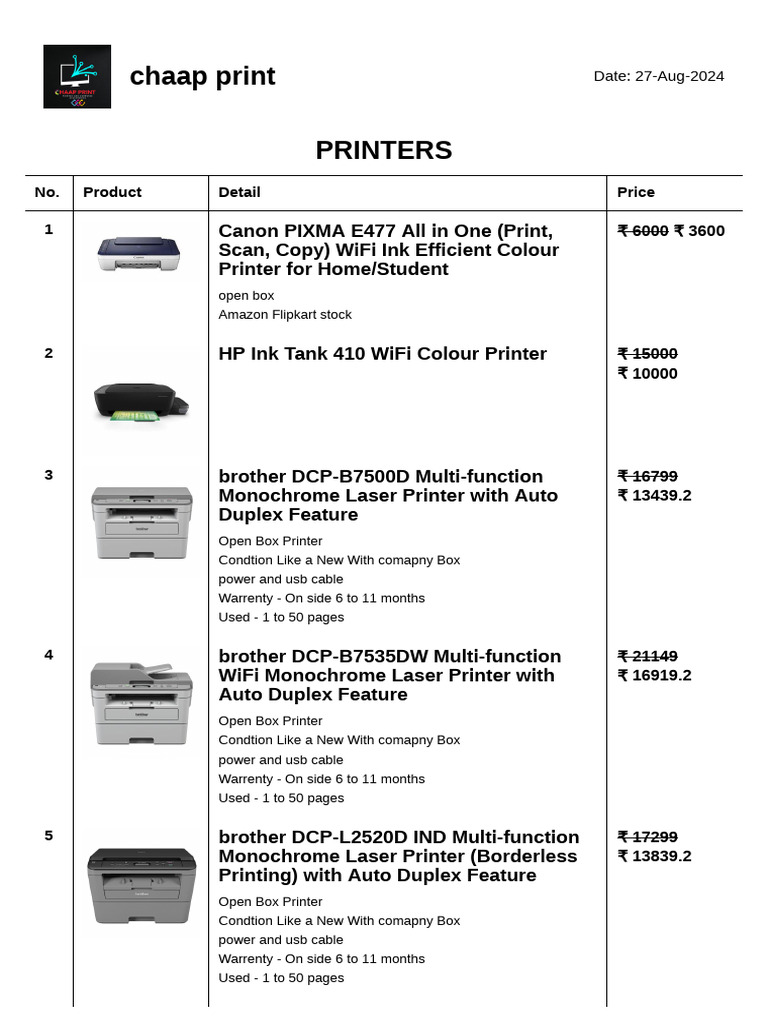 Chaap Print Printers: No. Product Detail Price 1 | PDF