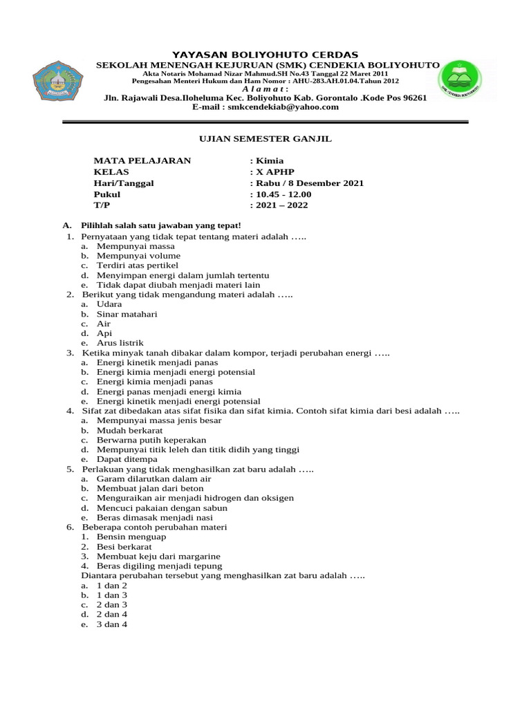 UAS KImia X Ganjil 2021-2022 | PDF