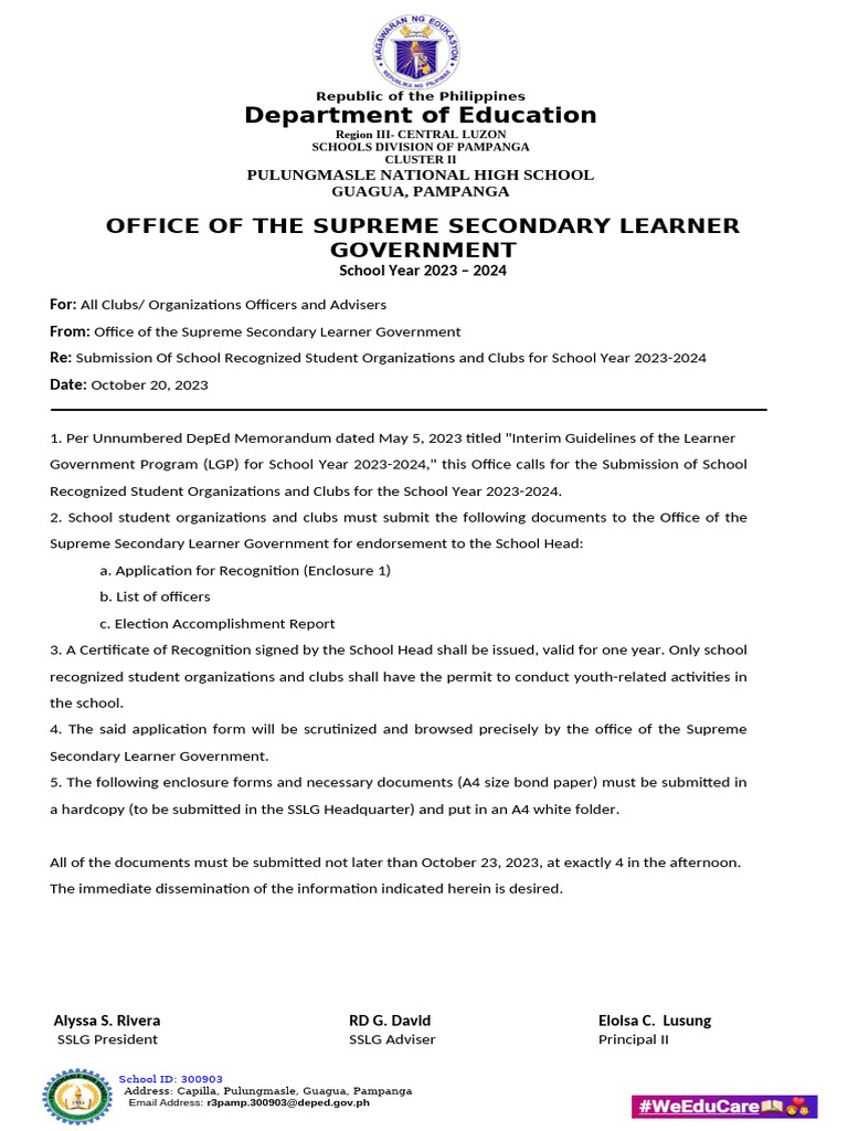 SSLG-School-Memo-on-Approval-of-Clubs | PDF