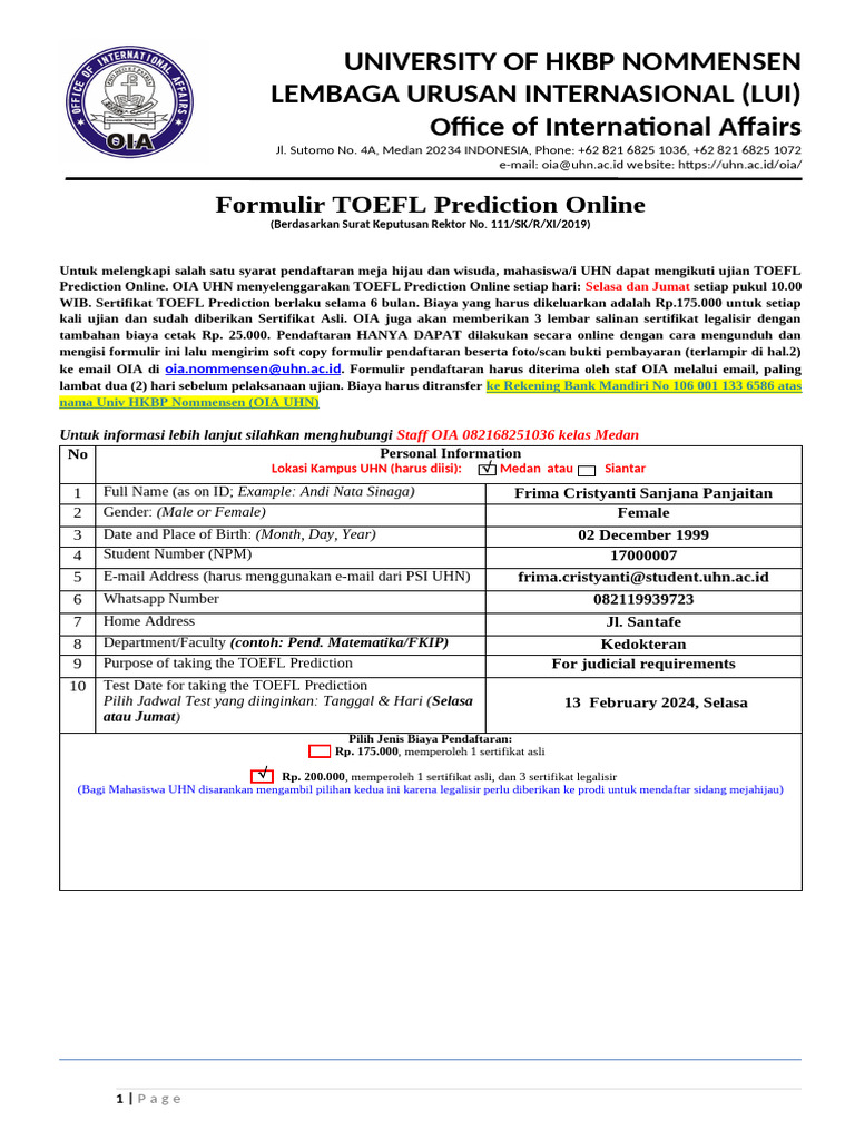 Formulir Toefl Prediction Online Frima. | PDF