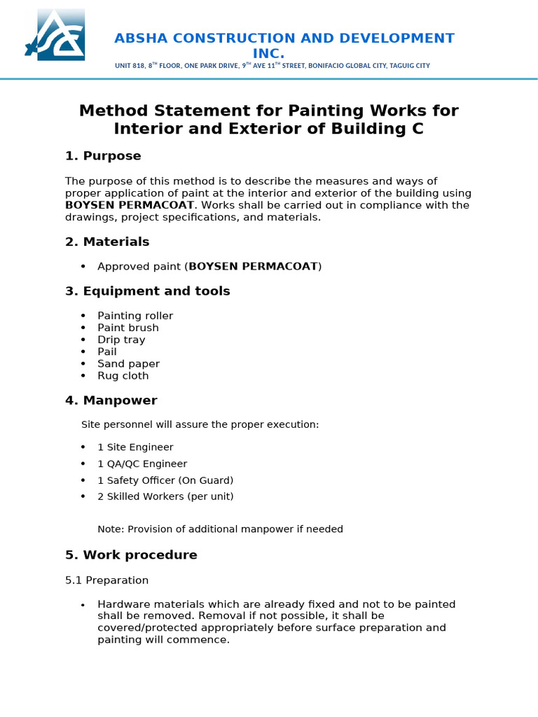 Method Statement For Painting Works | PDF