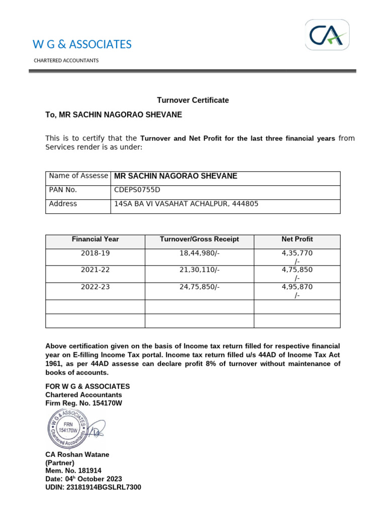 Turnover Certificate | PDF