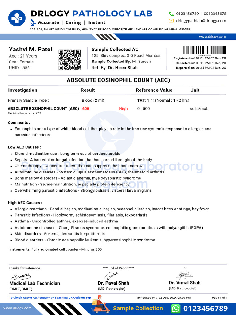 Absolute Eosinophil Count Aec Test Abnormal Report Format Example ...