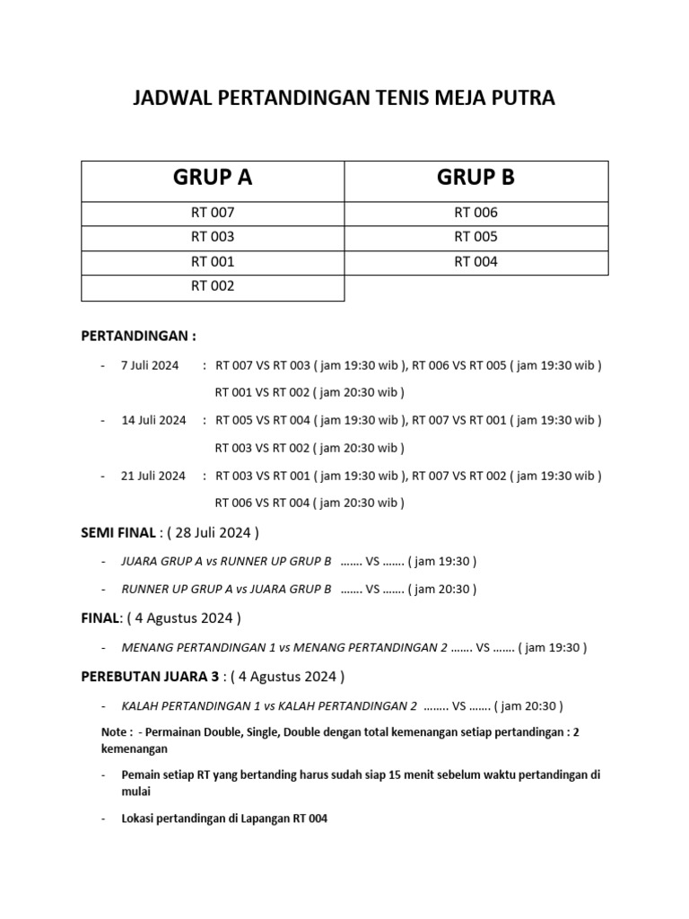 Jadwal Pertandingan Tenis Meja Putra | PDF