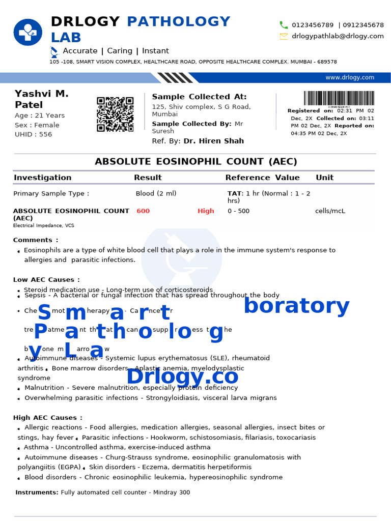 Absolute Eosinophil Count Aec Test Abnormal Report Format Example ...