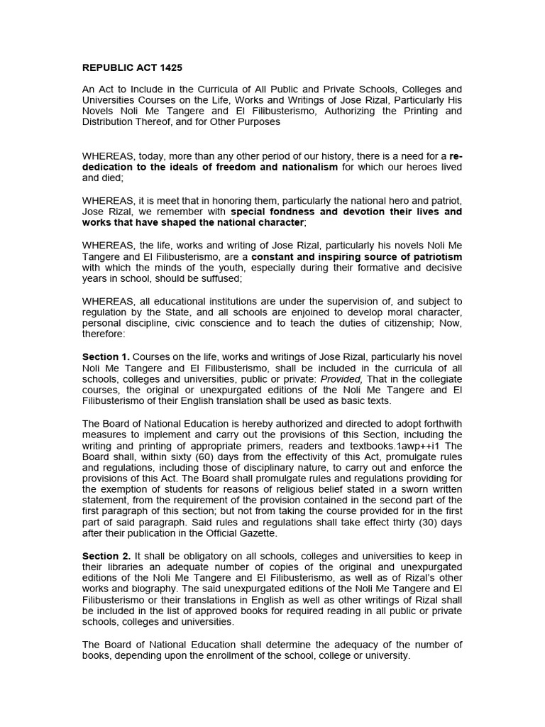 RIZAL - REPUBLIC ACT 1425 (Rizal Law Notes) | PDF