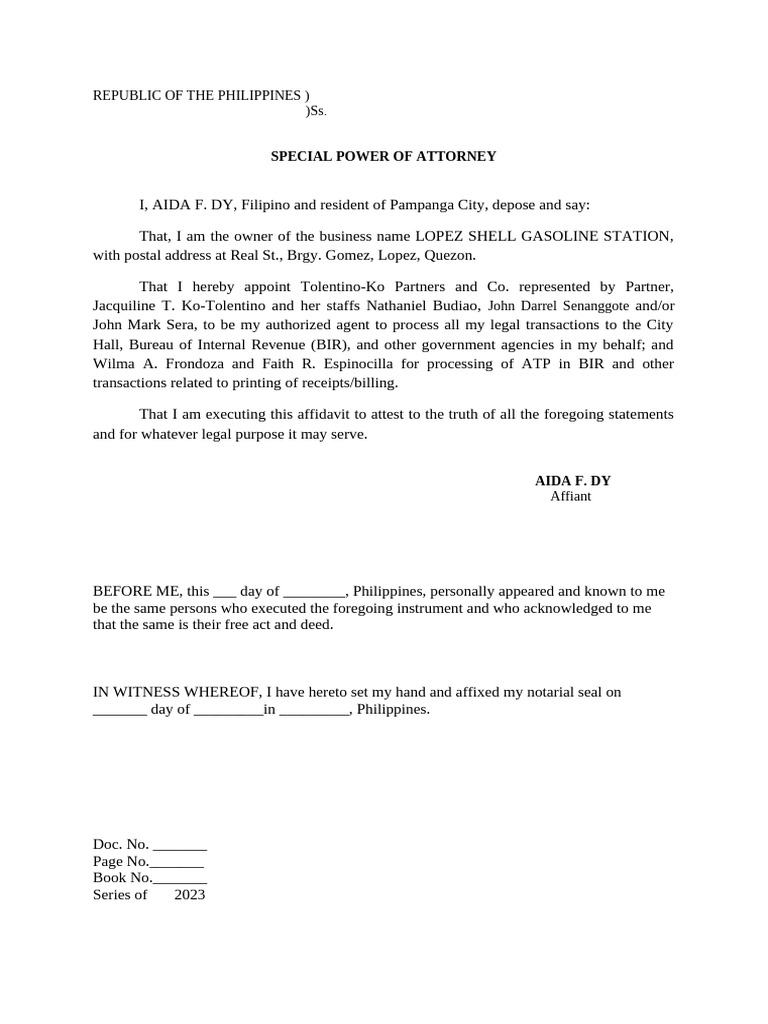 SPA Authorization letter General - Aida Dy | PDF