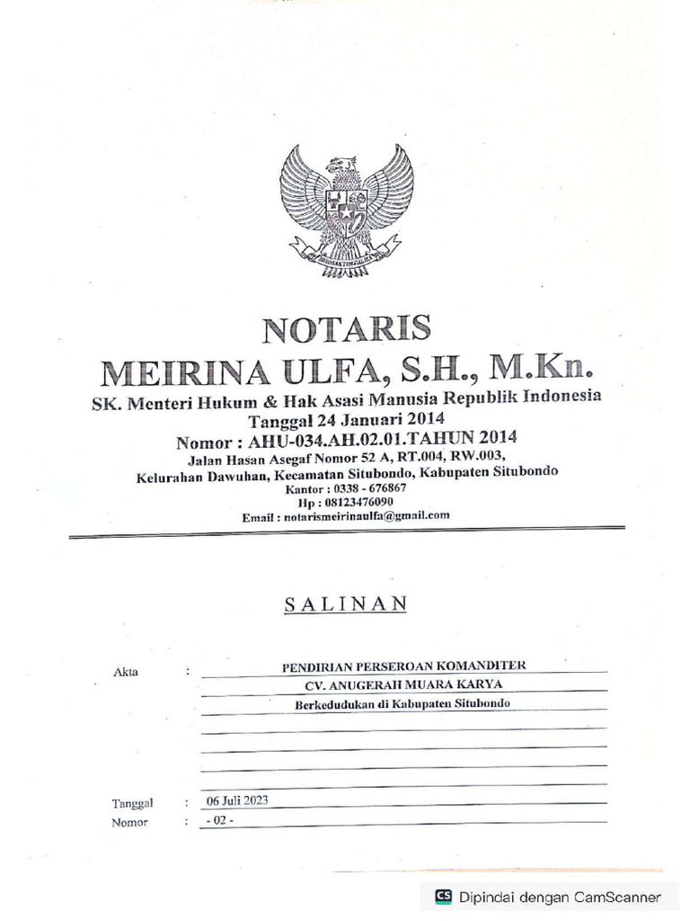 AKTA PENDIRIAN CV - AMK - Compressed - Compressed | PDF