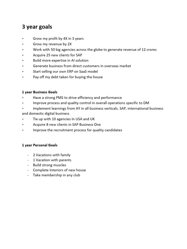 3 year & 1 year Goals - 2024 | PDF
