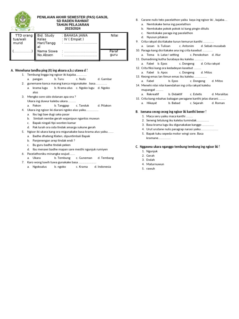 Pas B.Jawa Kelas IV | PDF
