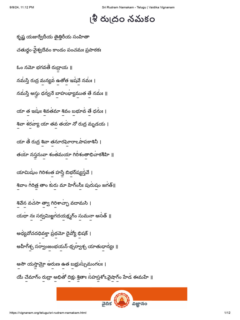 Sri Rudram Namakam - Telugu - Vaidika Vignanam | PDF
