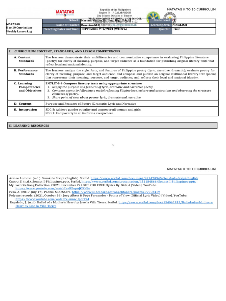 School: Grade Level: Name of Teacher Learning Area: Teaching Dates and ...