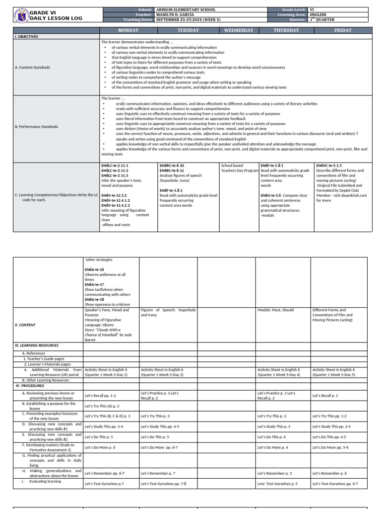 DLL - English 6 - Q1 - W5 | PDF