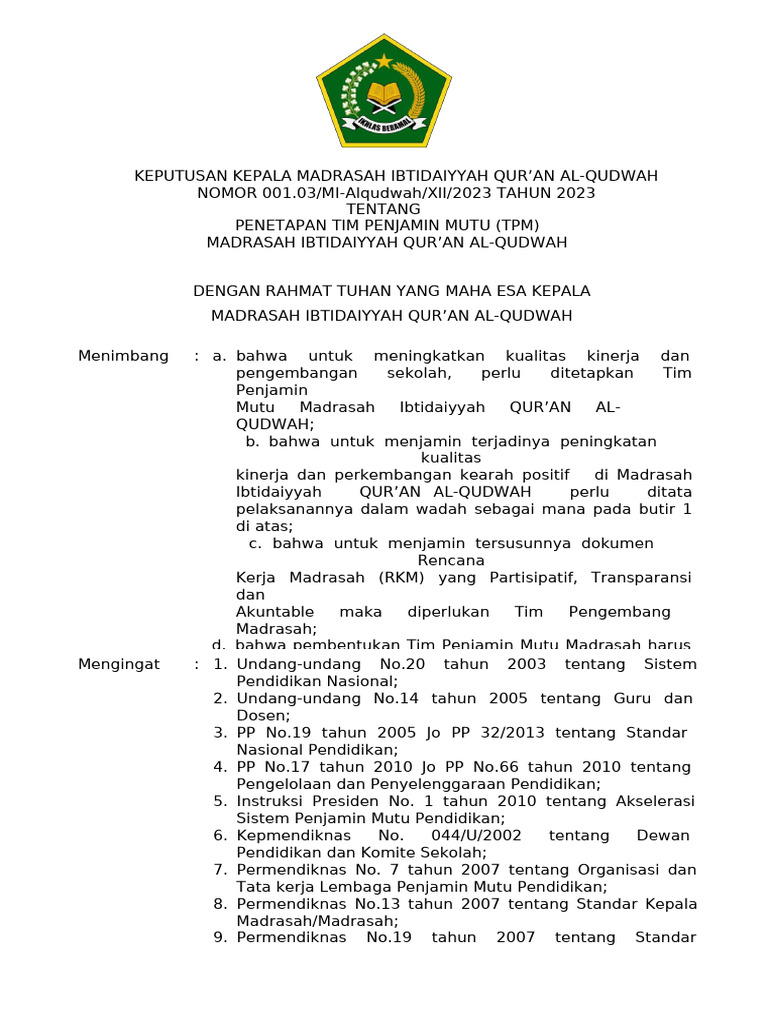 Penetapan Tim Penjamin Mutu MI Al-Qudwah | PDF