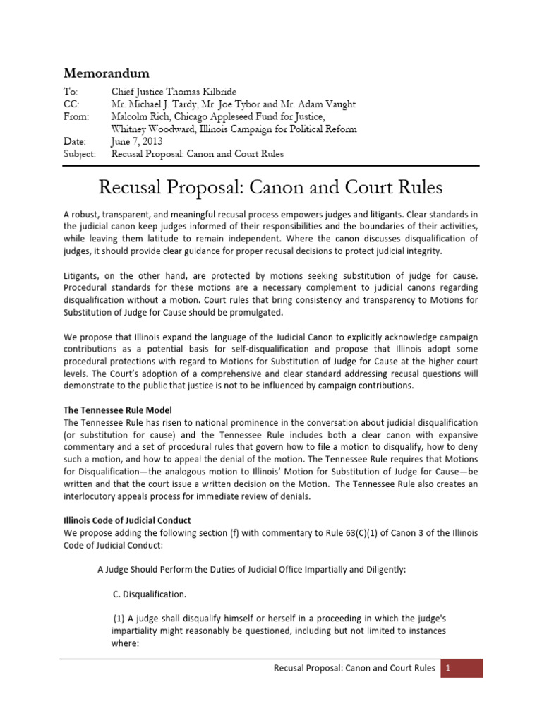 Recusal Proposal: Canon and Court Rules: Memorandum | PDF