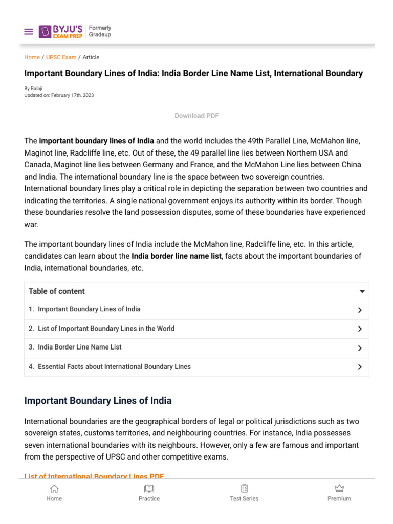 Important Boundary Lines of India - India Border Line Name List | PDF
