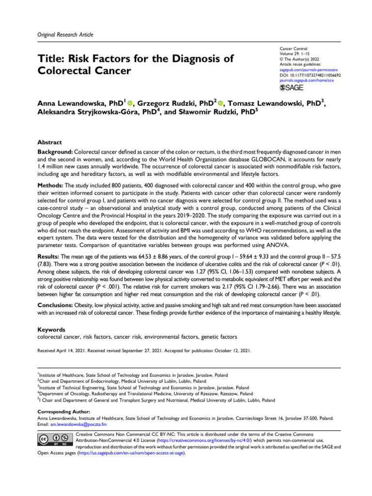 Title: Risk Factors For The Diagnosis of Colorectal Cancer | PDF