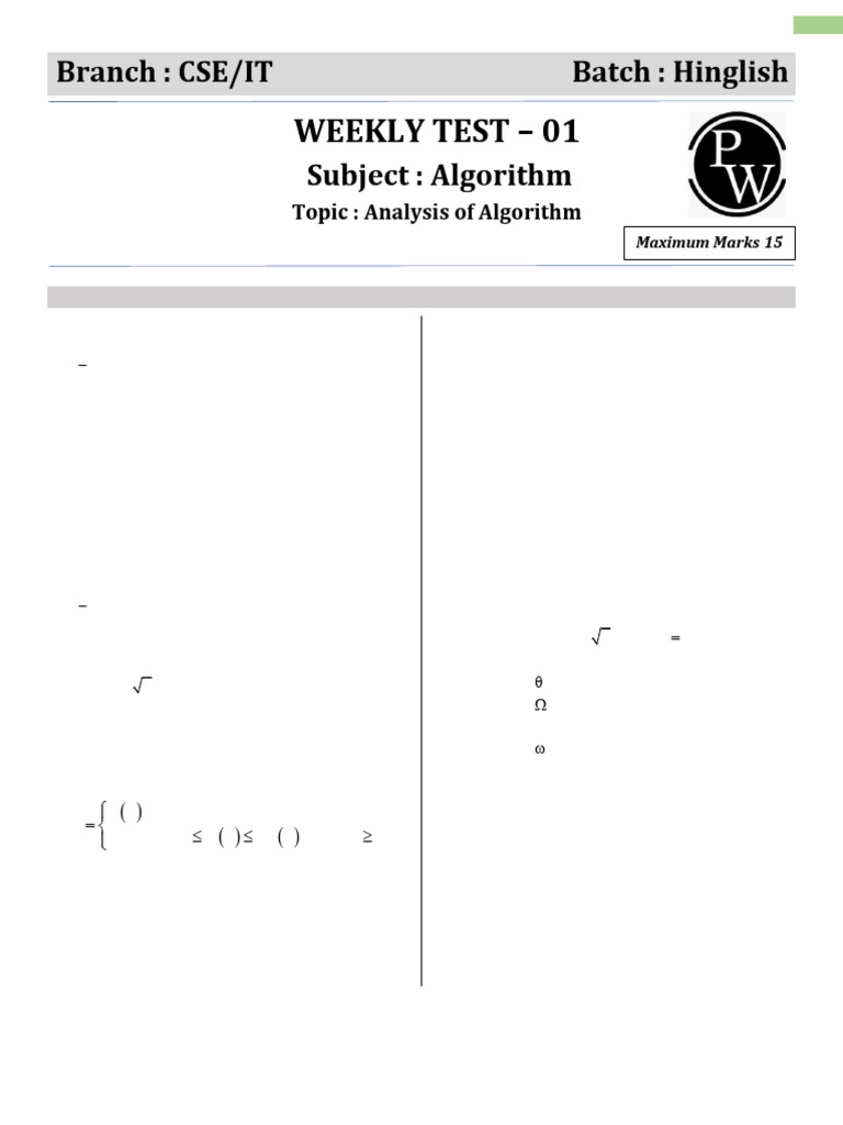 Algorithms - Weekly Test 01 - Test Paper | PDF