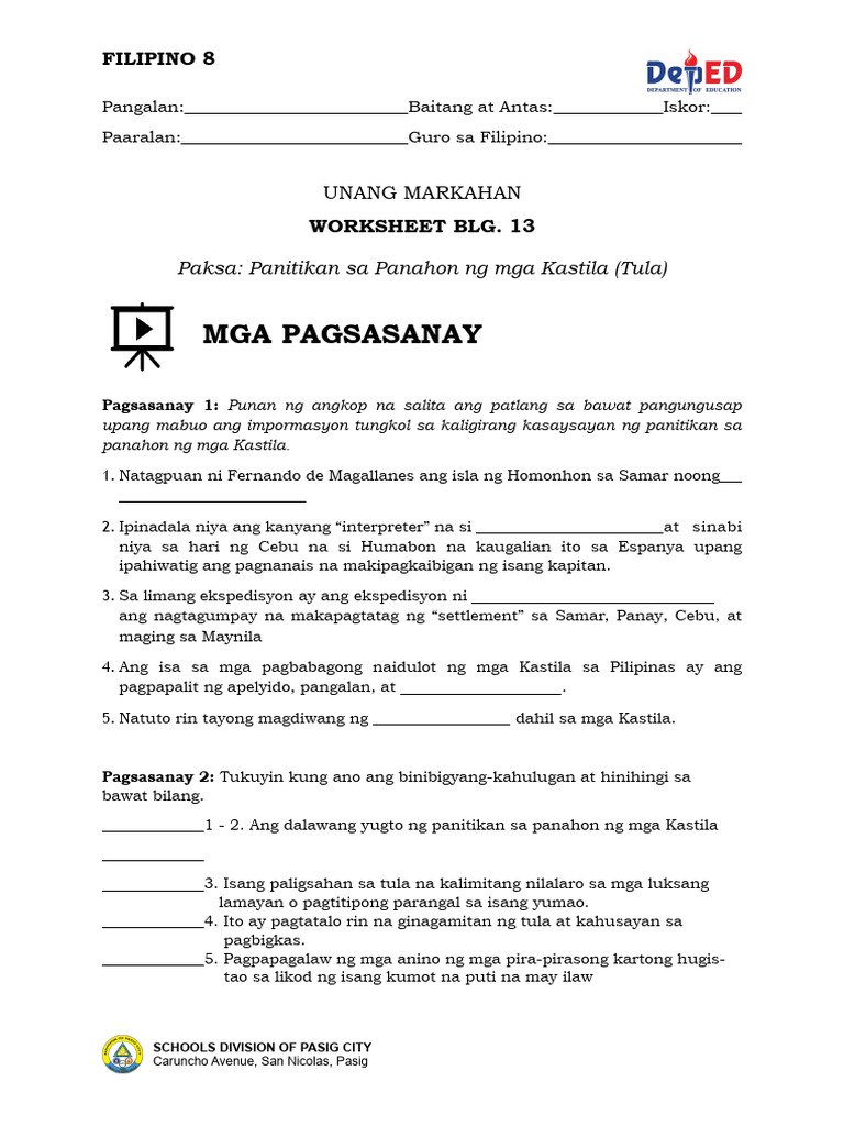Mga Pagsasanay: Paksa: Panitikan Sa Panahon NG Mga Kastila (Tula) | PDF