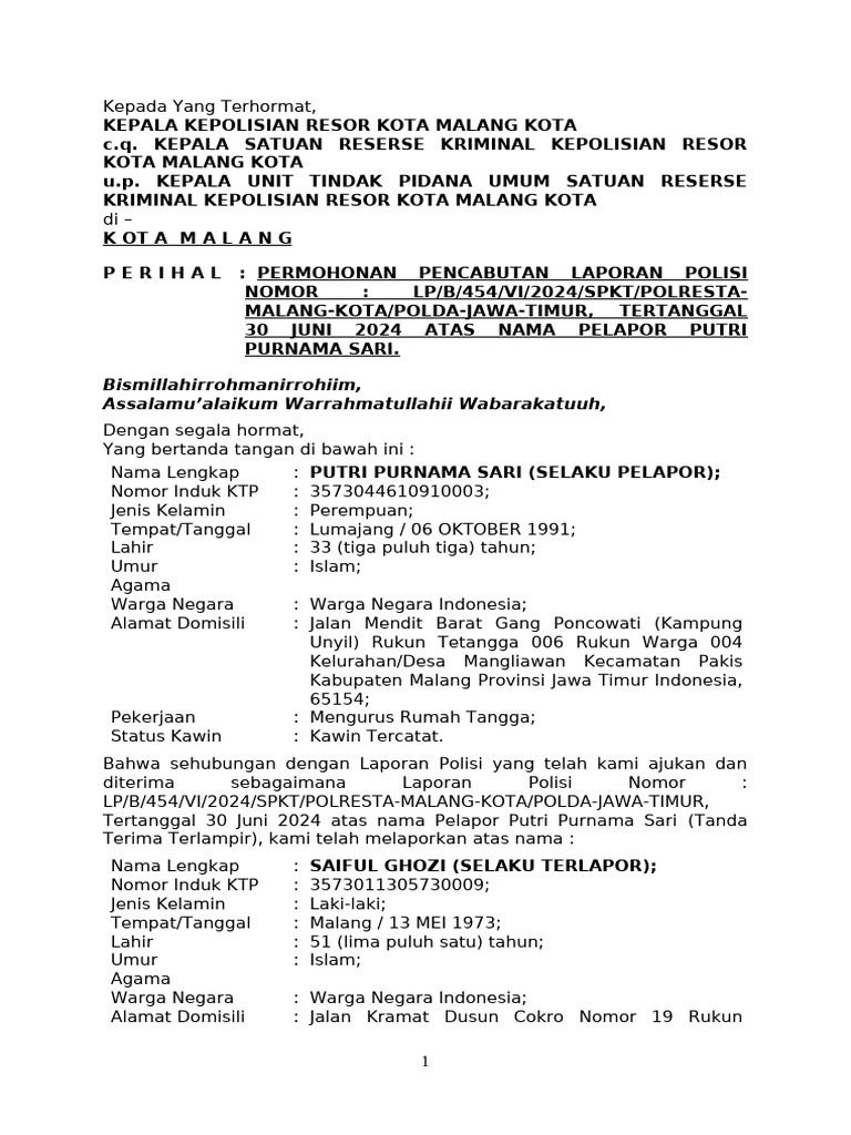 Permohonan Pecabutan Laporan Pelapor Putri Purnama Sari Polresta Mlg | PDF
