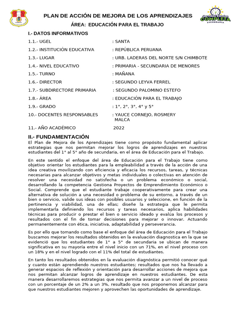 Plan de Mejora Area Ept Yauce 2022 - Compress | PDF