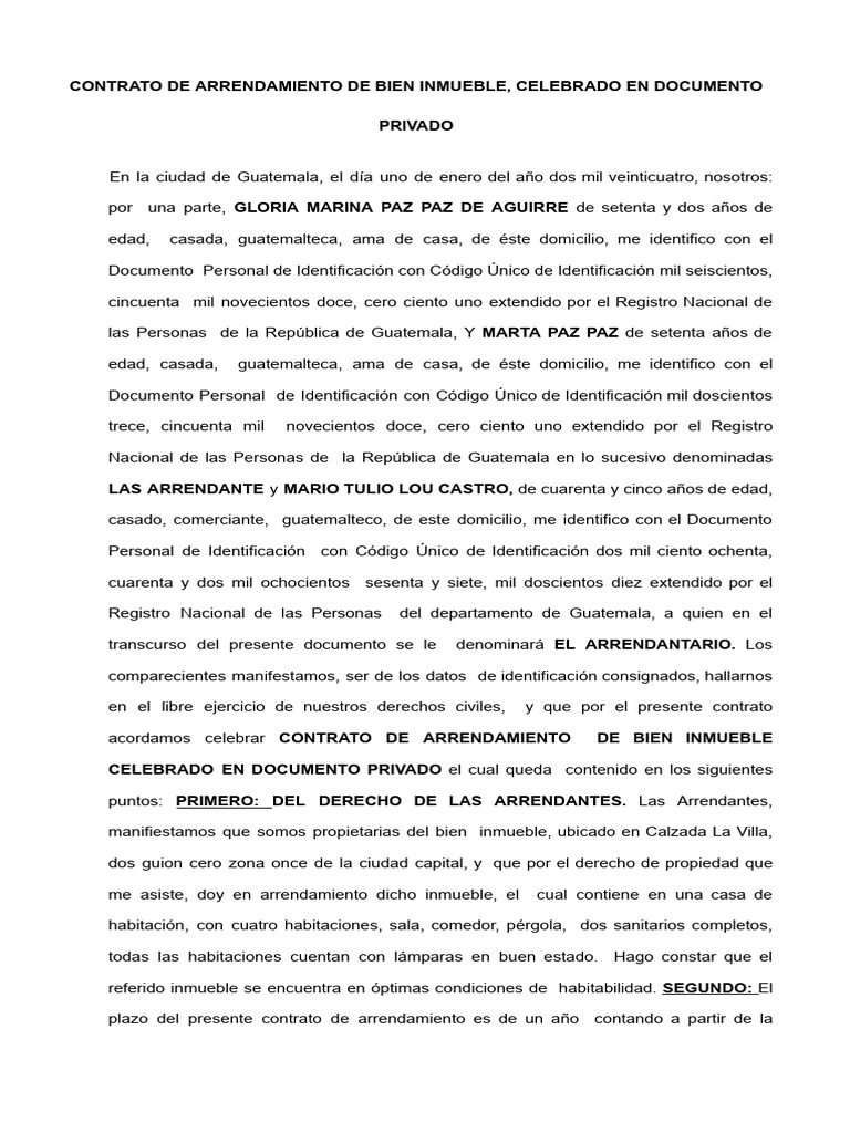 Contrato de Arrendamiento de Bien Inmueble Hoja de Trabajo Civil Iv Usac | PDF