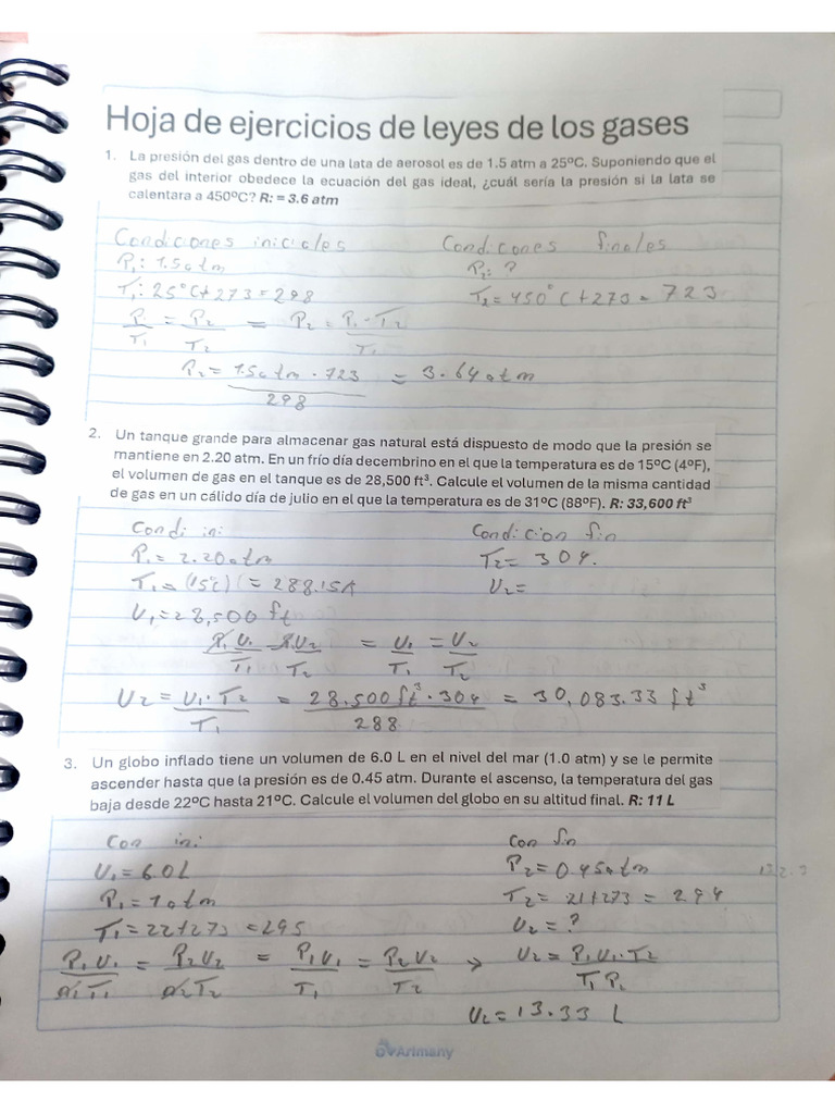 Hoja de Ejercicio de Los Gases | PDF