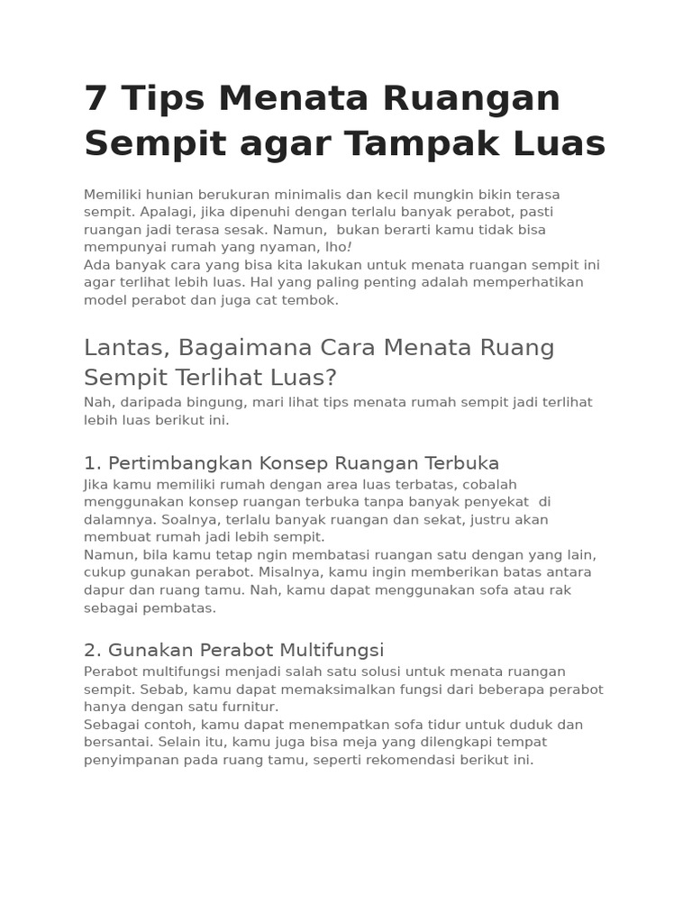 7 Tips Menata Ruangan Sempit Agar Tampak Luas | PDF