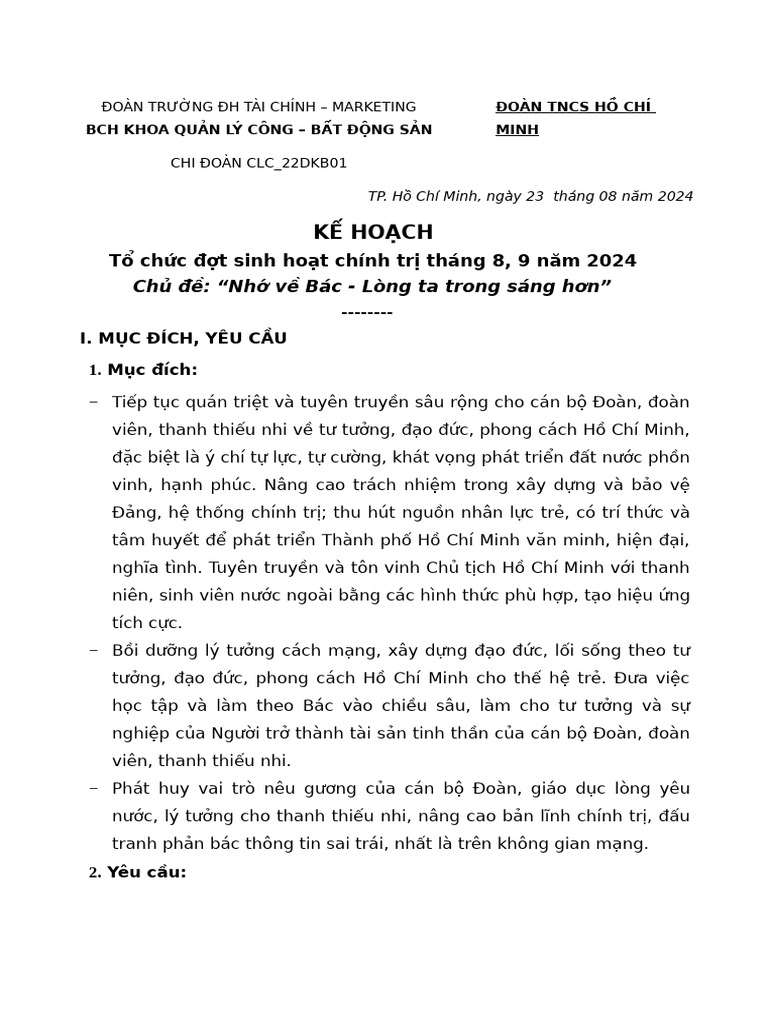 Kế hoạch SHCT T8, 9 | PDF