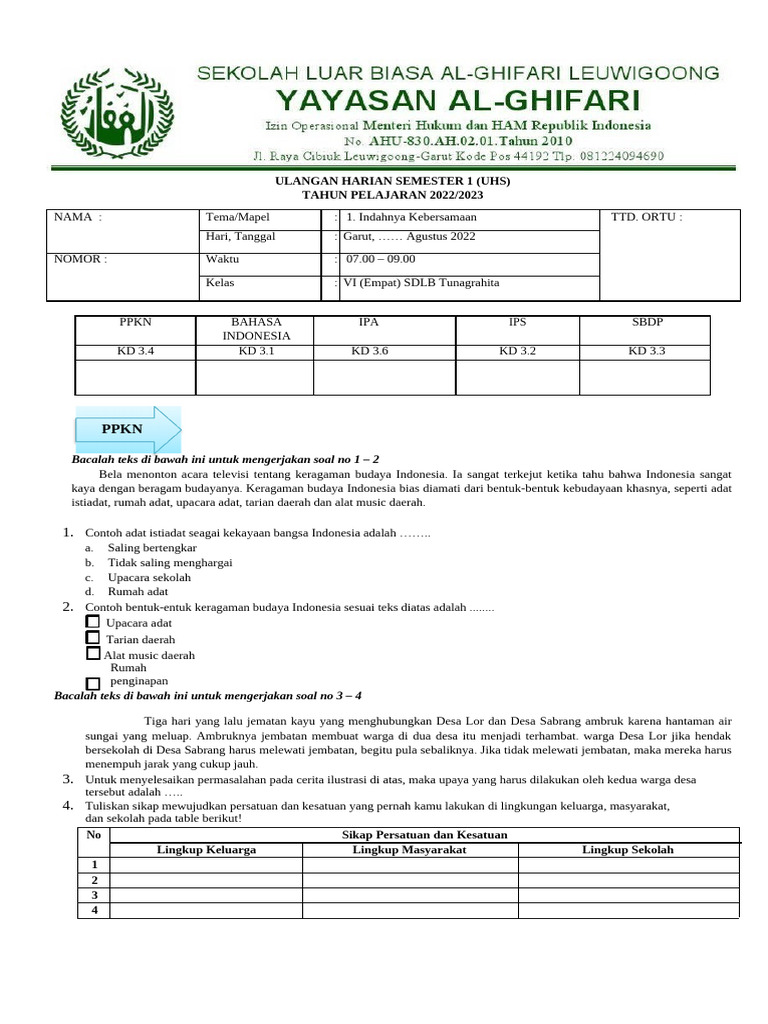 SOAL UH TEMA 1 Fix | PDF