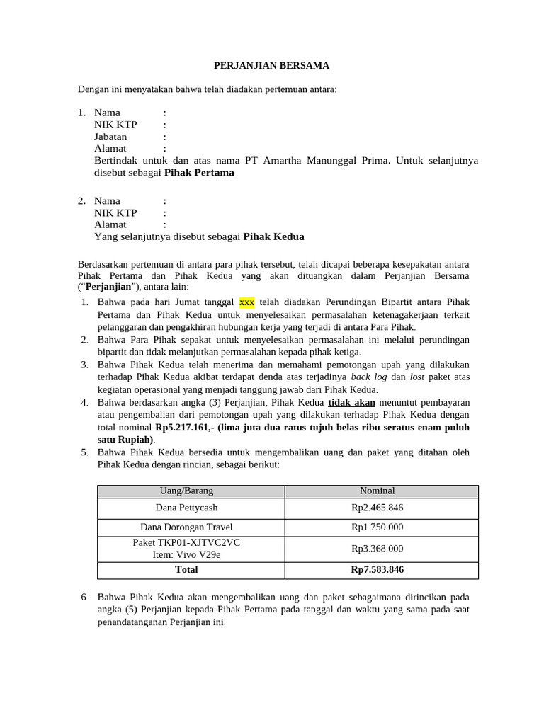 (Draft) Perjanjian Bersama - Asrul Aswar | PDF