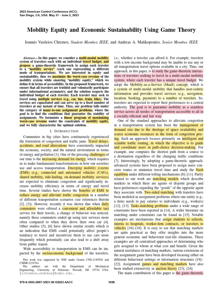 1 Important Mobility Equity and Economic Sustainability Using Game Theory | PDF