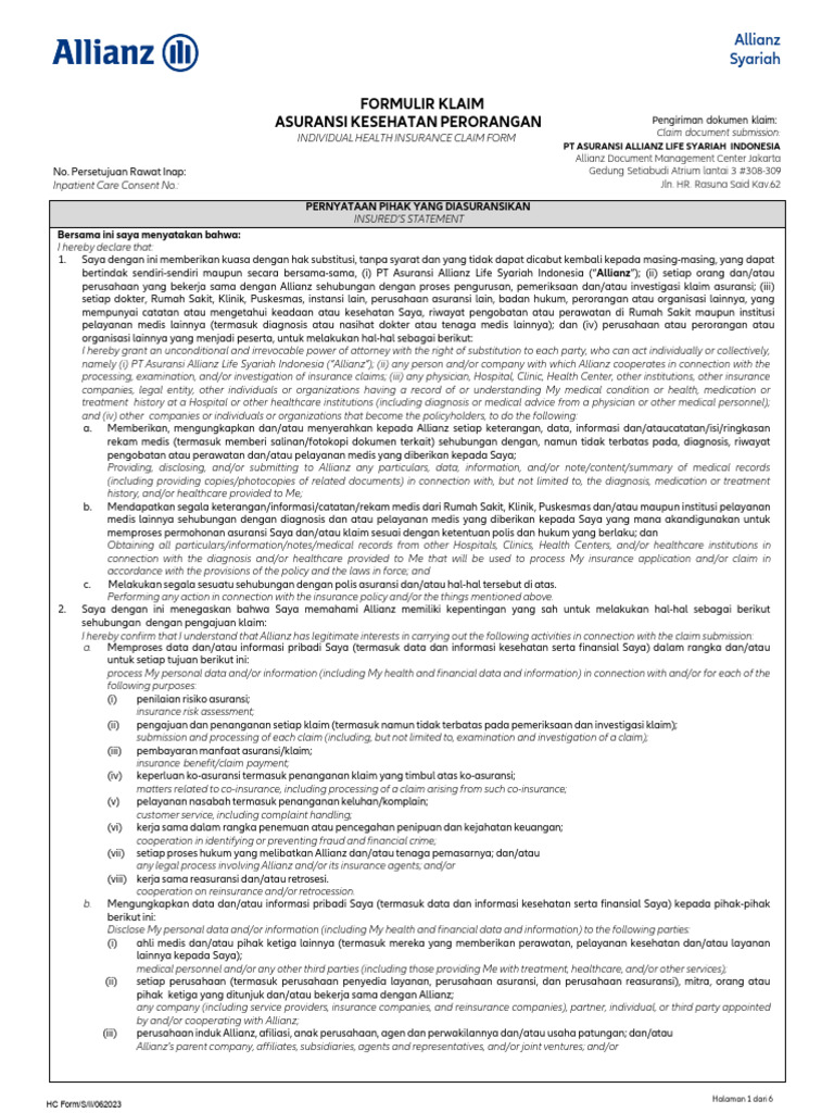 Formulir Klaim Asuransi Kesehatan Individu Bilingual S | PDF