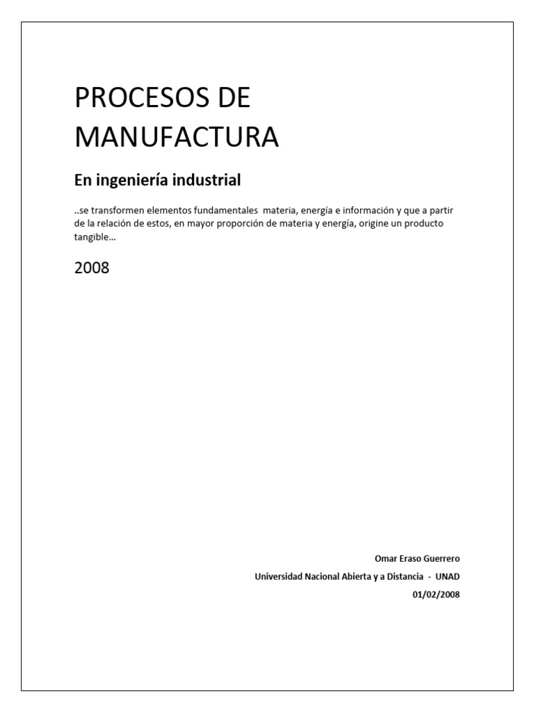 Procesos de Manufactura en Ingeniería Industrial Autor Omar Eraso Guerrero | PDF