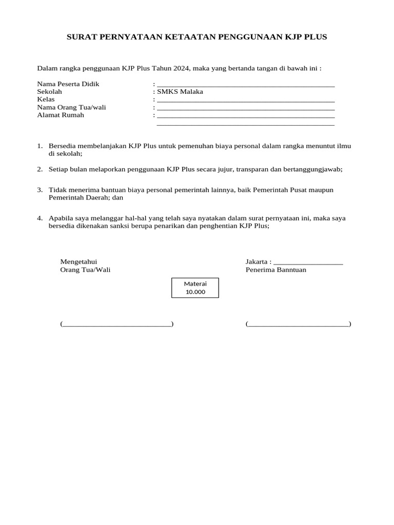 Surat Pernyataan Ketaatan Penggunaan KJP Plus | PDF