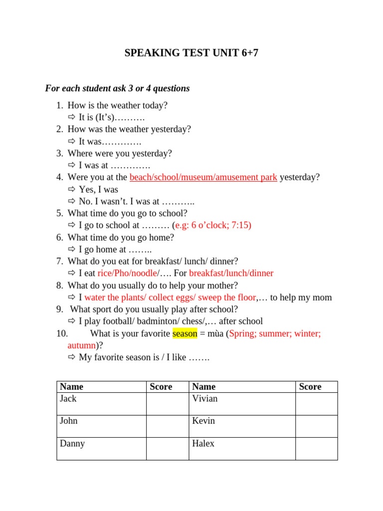 Speaking Test Up 3 - Unit 6-7 | PDF