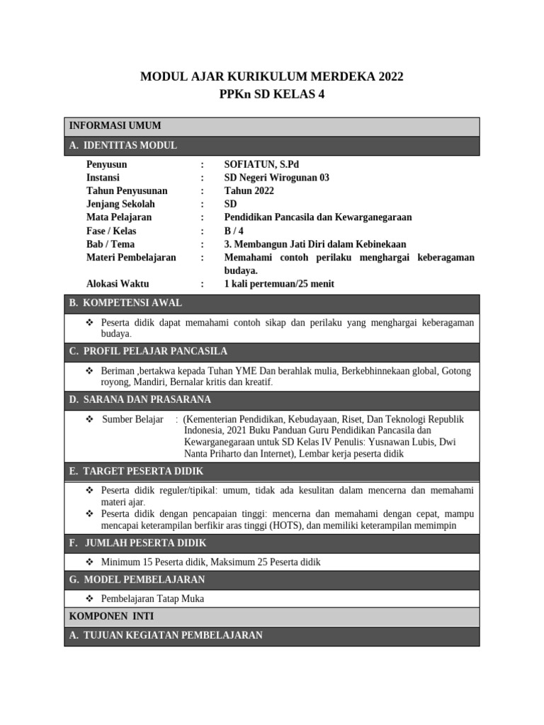 Modul Ajar PPKN Kurikulum Merdeka 2022 | PDF