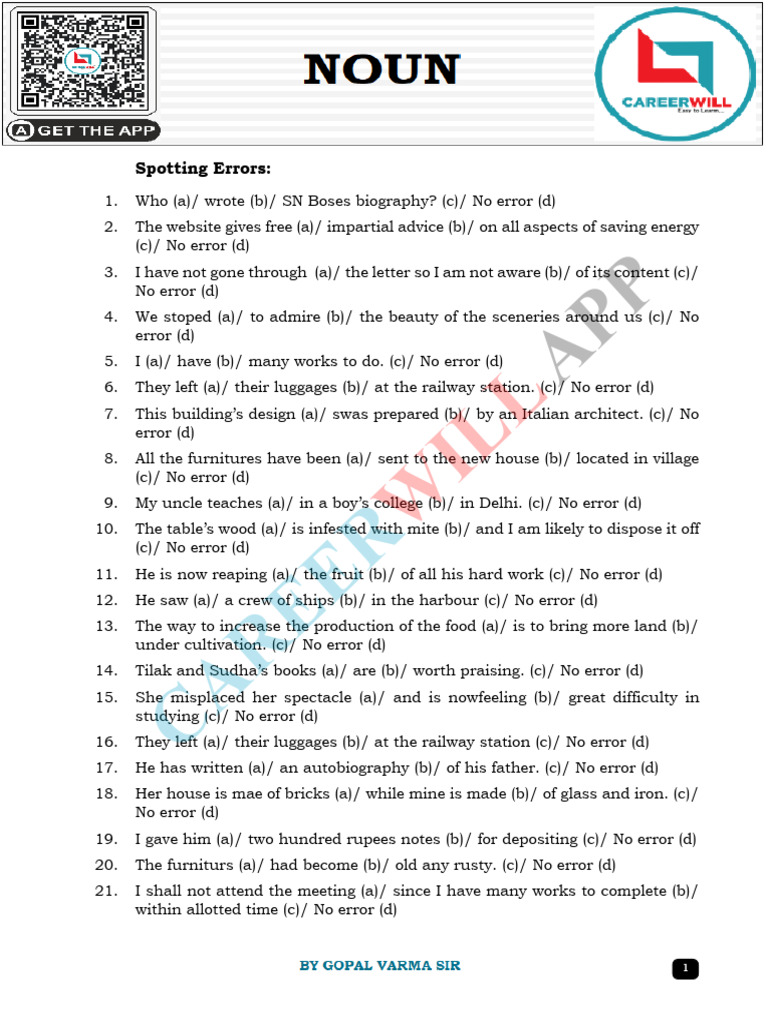 187687noun Spotting Errors (Set-8) - Crwill | PDF