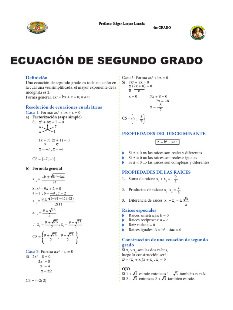 Ecuación-de-Segundo-Grado-Para-Cuarto-Grado-de-Secundaria OKOKOKO | PDF