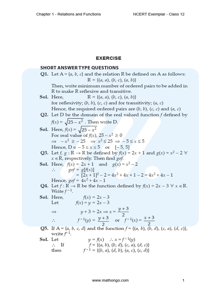 Ncert Exemplar Math Class 12 Chapter 01 Relations and Functions | PDF | Function (Mathematics ...