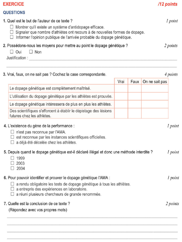 Dopage Genetique Demain - Questions CE | PDF