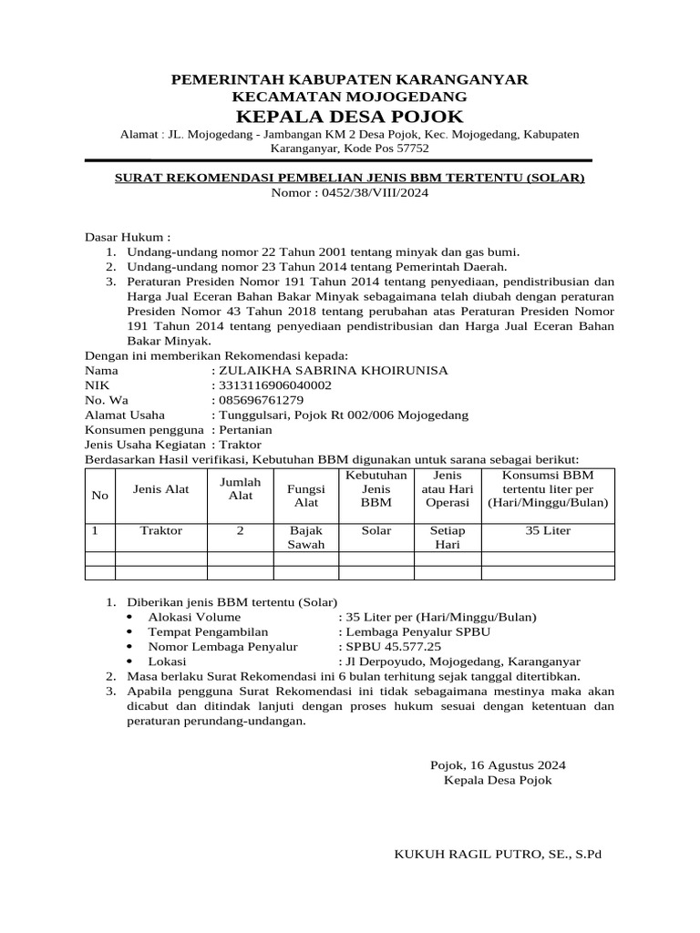 Surat Rekomendasi Solar | PDF