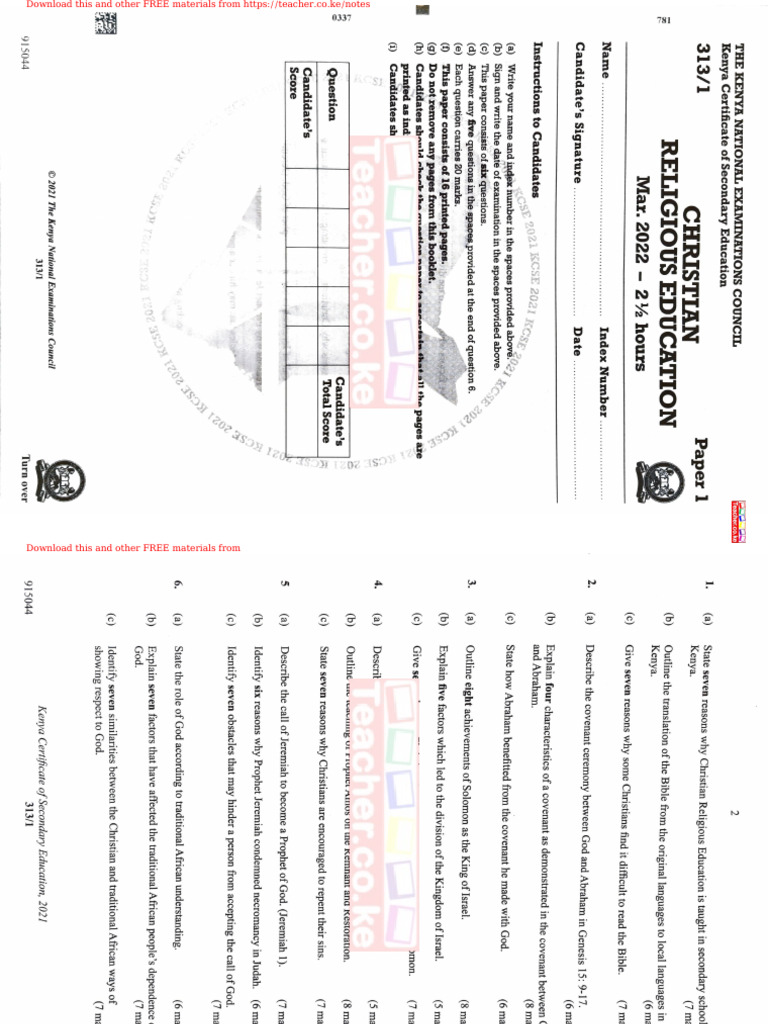 Kcse 2021 Christian Religious Education Paper 1 Pdf