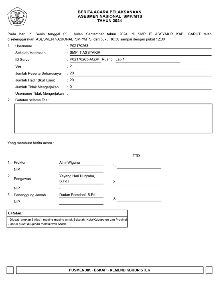 Asesmen Nasional - Tahun 2024 Berita Acara Senin 1 | PDF
