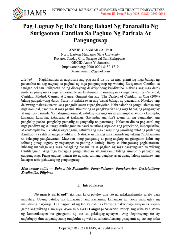Samarca A. PAG UUGNAY NG IBAT IBANG BAHAGI NG PANANALITA NG SURIGAONON ...