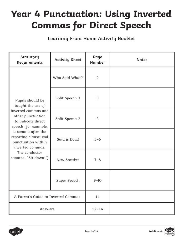 t2 e 2446 Year 4 Using Inverted Commas For Direct Speech Home Activity ...