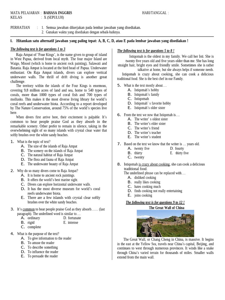 SOAL PAS B.INGGRIS KELAS X K13 Sem 1 (2022-2023) | PDF