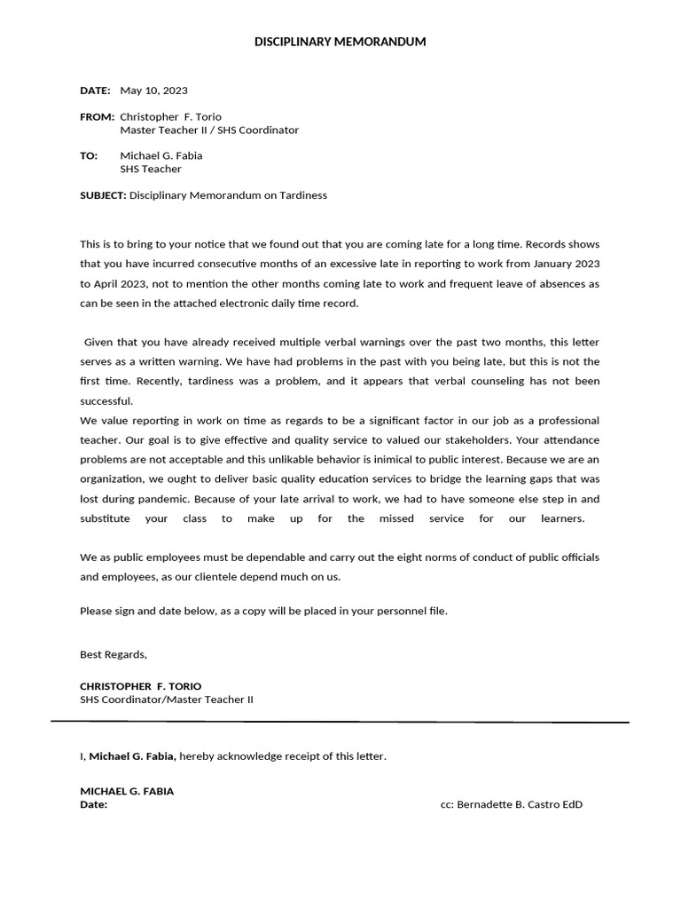 DISCIPLINARY MEMORANDUM | PDF