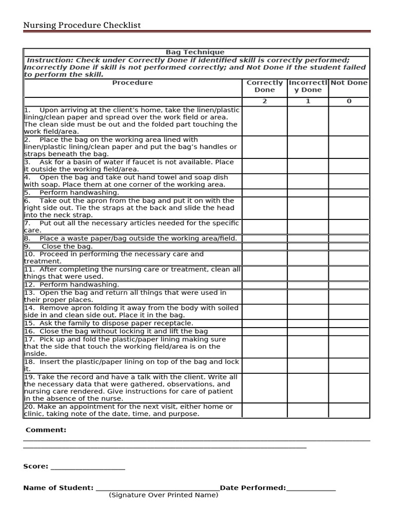 Bag Technique CHECKLIST | PDF