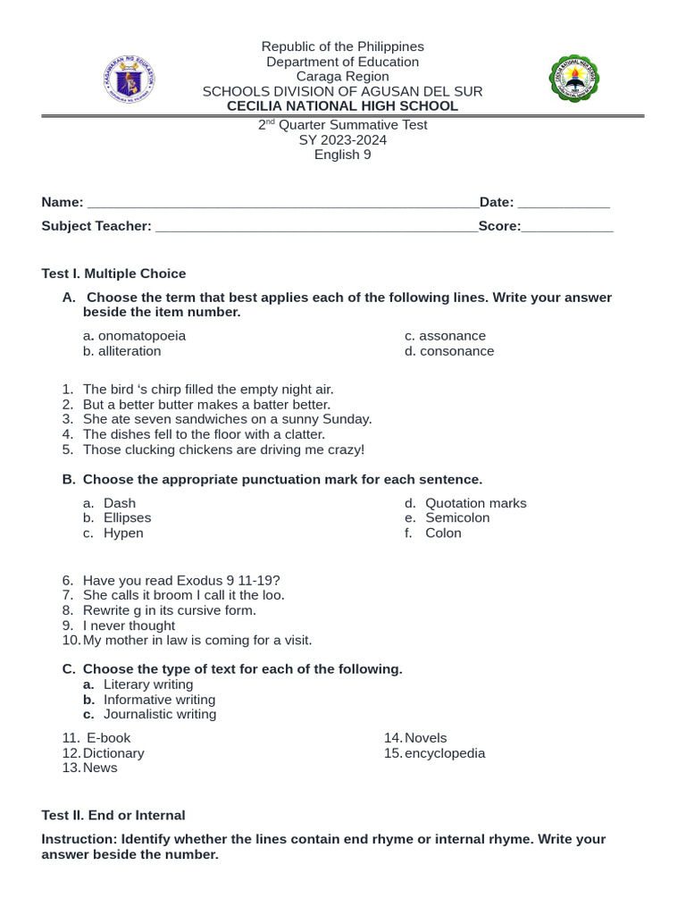 2nd English 9 Summative | PDF | Text | Linguistics